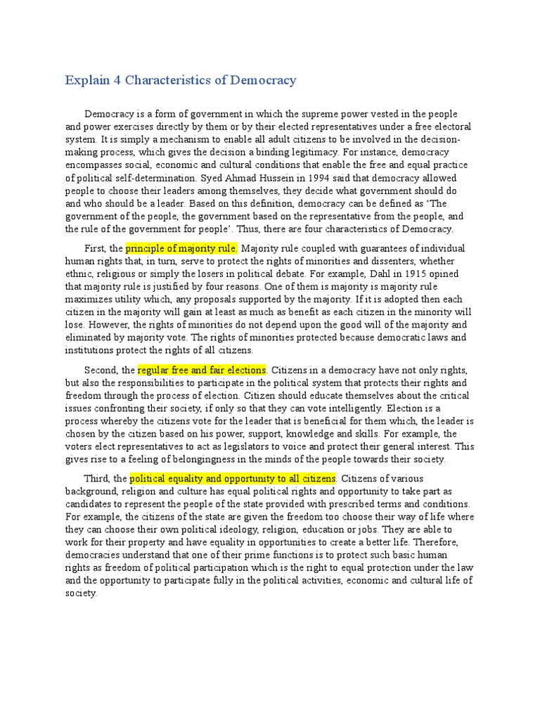 Explain 4 Characteristics of Democracy | PDF | Democracy | Political Ideologies