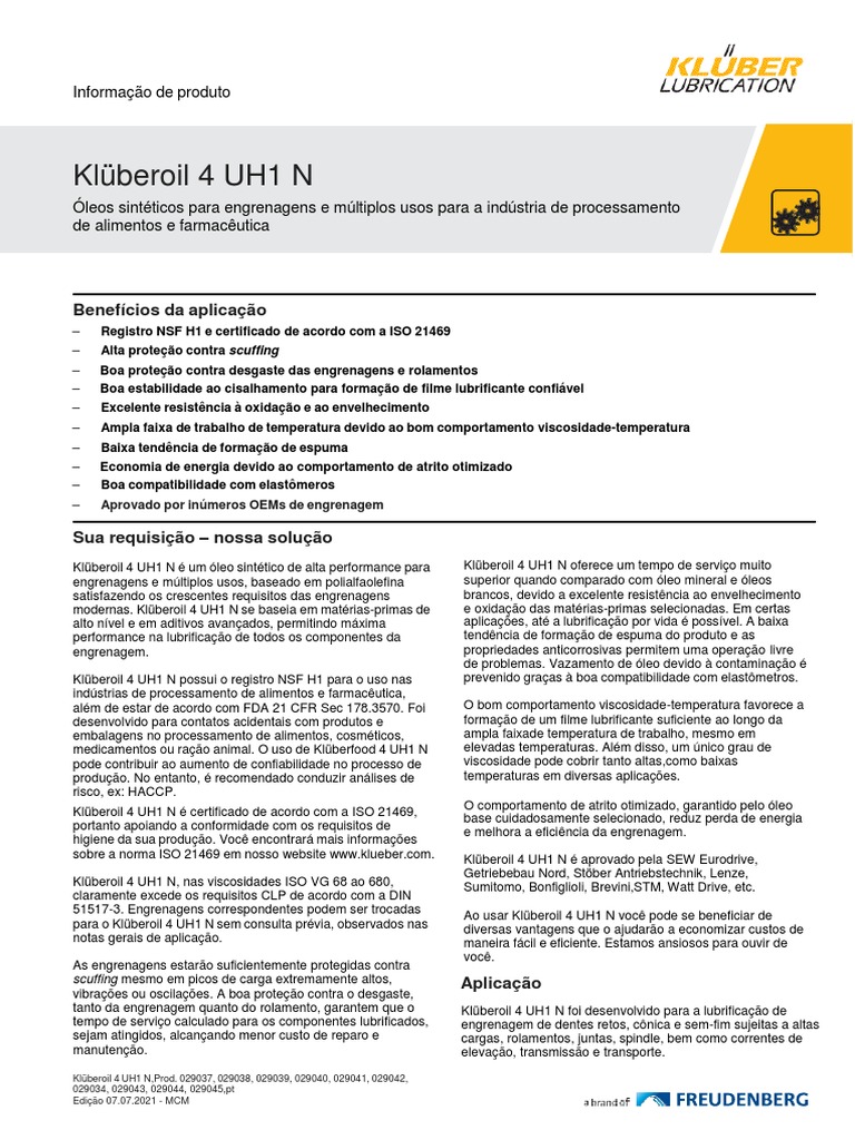 Datasheet Kluber - Klüberoil - 4 - UH1 - N | PDF