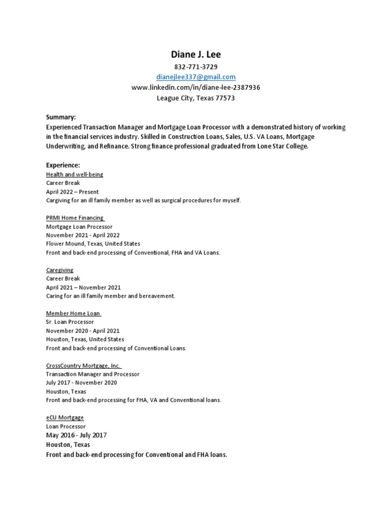 Diane Lee - Resume | PDF | Mortgage Loan | Loans