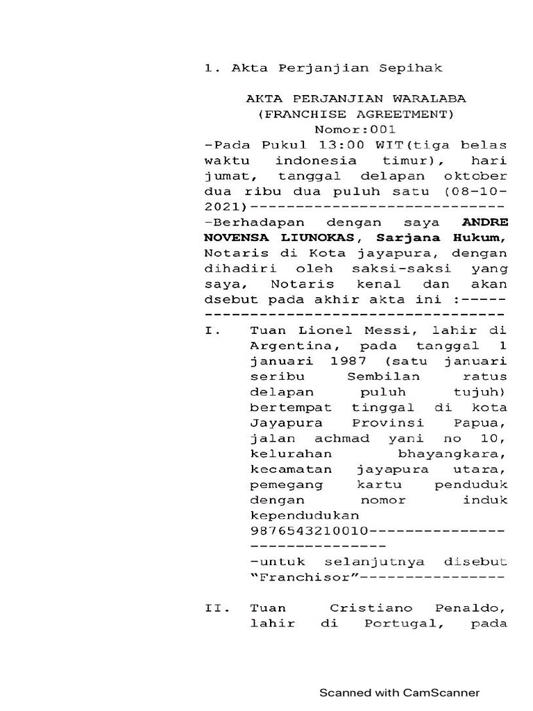 Tugas Tpa V KLS B Contoh Akta Perjanjian | PDF