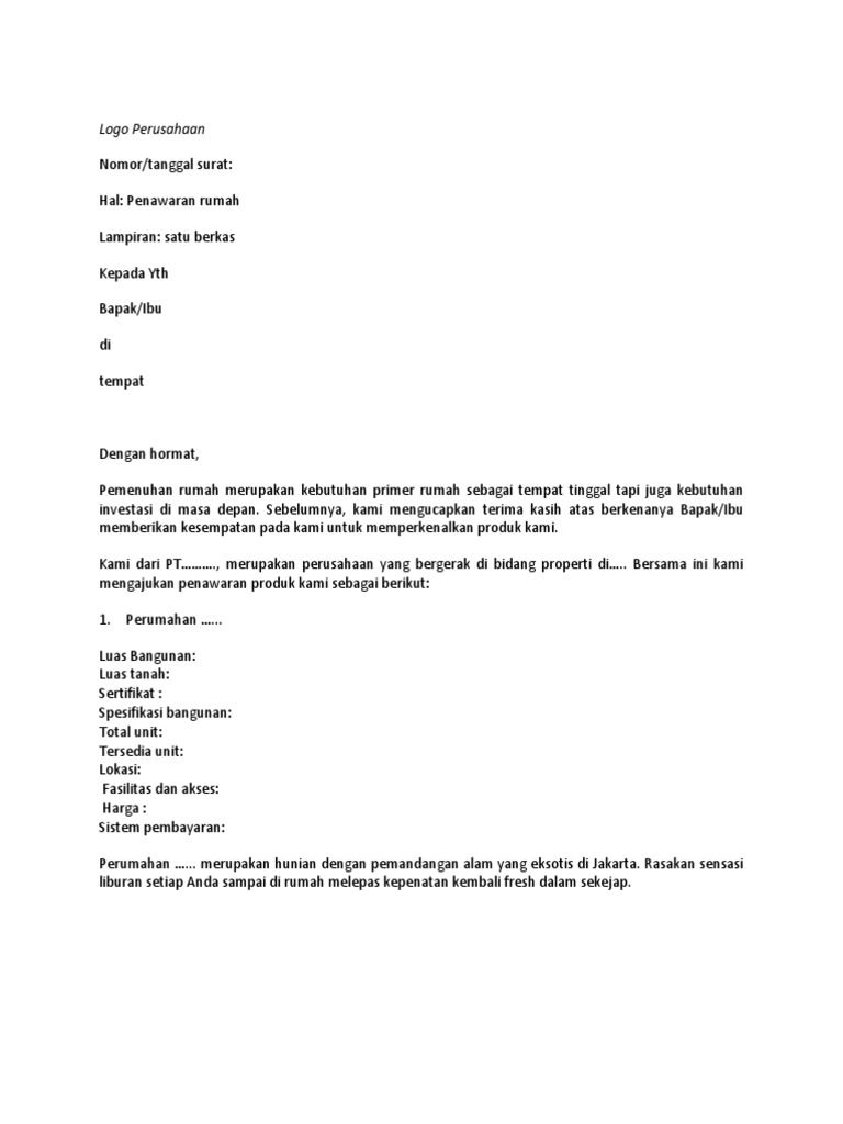 Contoh Surat Penawaran Rumah Dari Developer | PDF