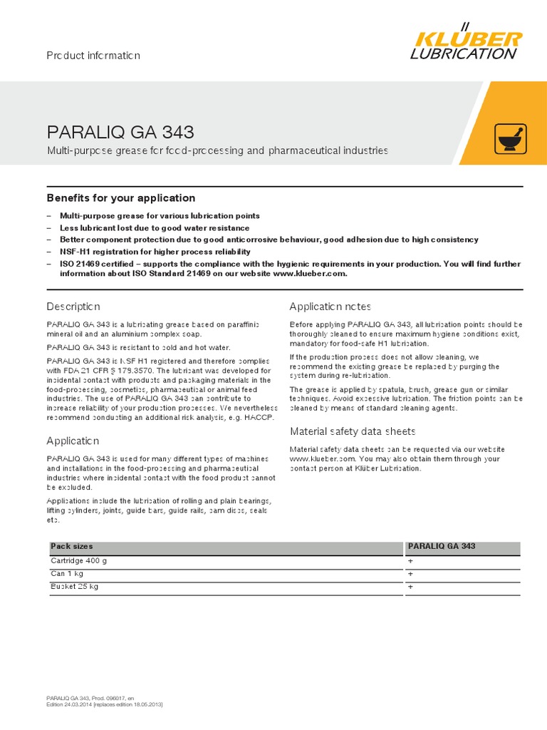 Datasheet Kluber - Paraliq GA 343 | PDF