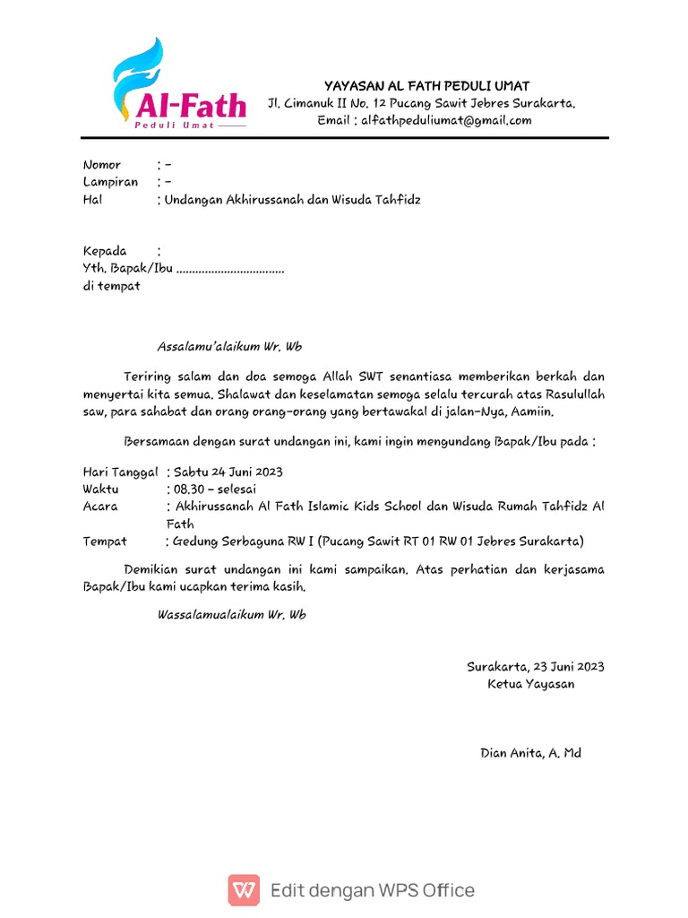UNDANGAN AKHIRUSSANAH DAN WISUDA TAHFIDZ Juni 2023 | PDF