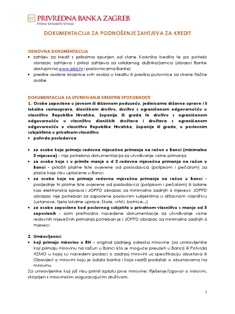 Dokumentacija Za Podnošenje Zahtjeva Za Kredit | PDF