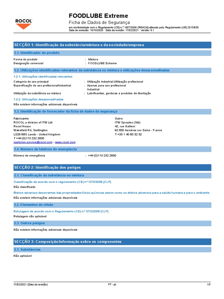 Fispq Rocol - Foodlube Extreme | PDF | Primeiros socorros | Combustão