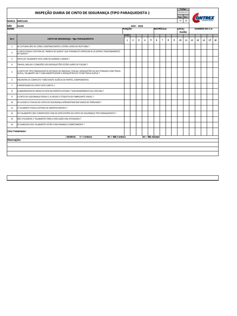 Check-list Cinto de Segurança | PDF