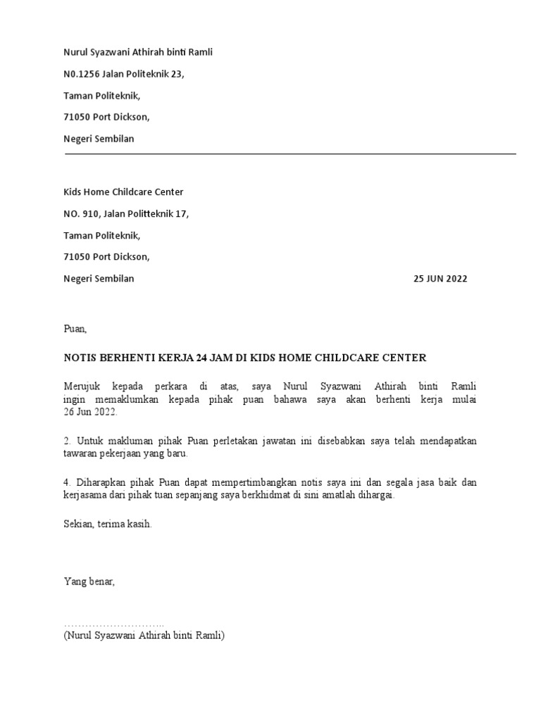 Notis Berhenti Kerja 24 Jam | PDF