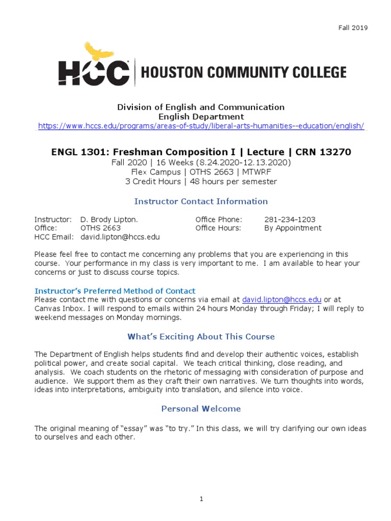 P1 HCC Lipton Fall 2020 Syl | PDF | Libraries | Essays