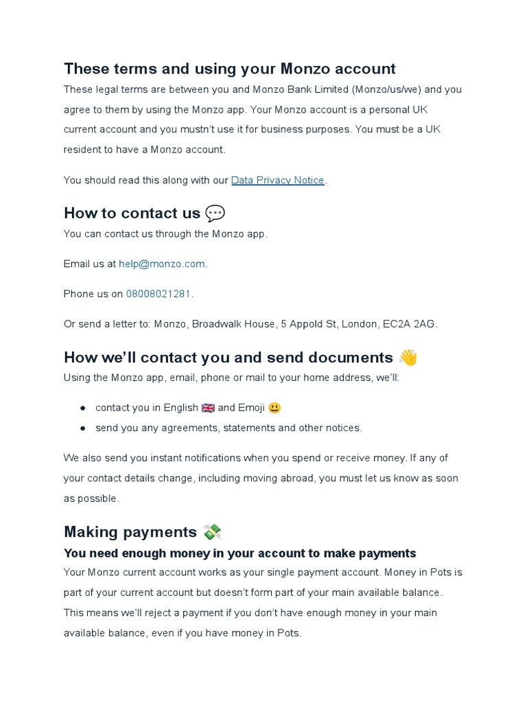 Monzo Terms and Conditions 2.3 | PDF | Overdraft | Transaction Account