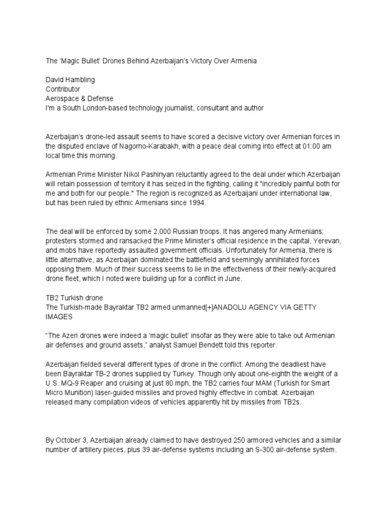 The Magic Bullet' Drones Behind Azerbaijan's Victory Over Armenia | PDF ...