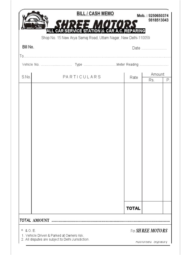 Car Service Bill Format - Shree Motors | PDF | Business | Finance ...