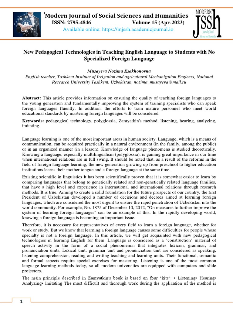 New Pedagogical Technologies in Teaching English Language To Students With No Specialized ...