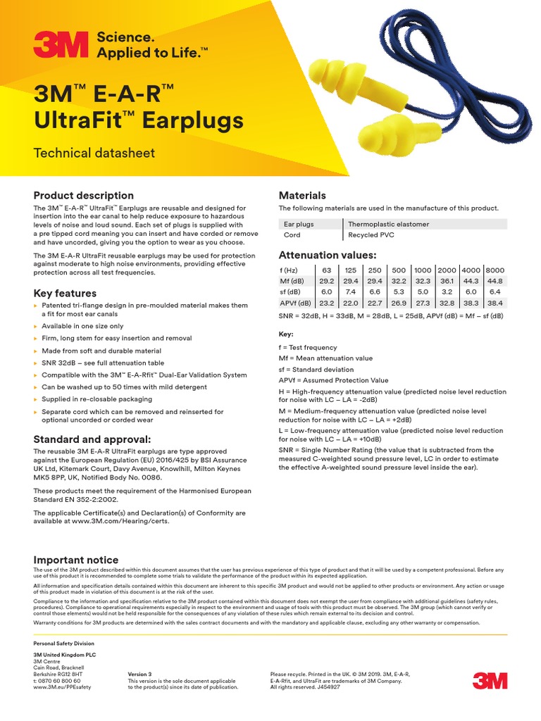 3m-e-a-r-ultrafit-reusable-corded-earplugs-data-sheet | PDF