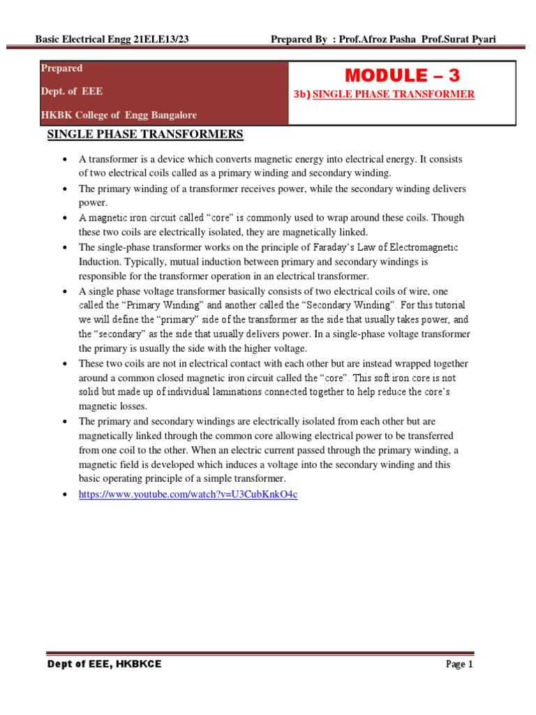 MODULE-3 Single Phase Transformers NOTES (3) | PDF | Transformer | Inductor