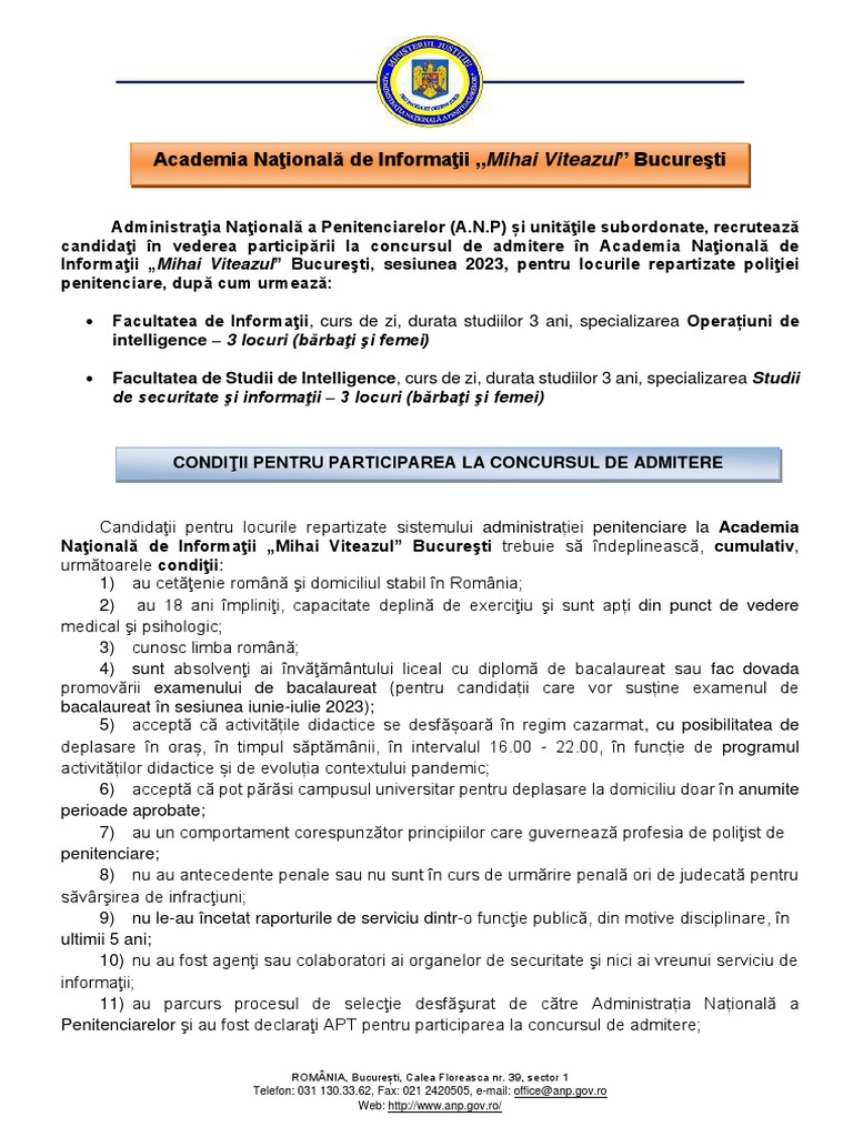 Academia Nationala de Informatii Mihai Viteazul Bucuresti 2023 | PDF