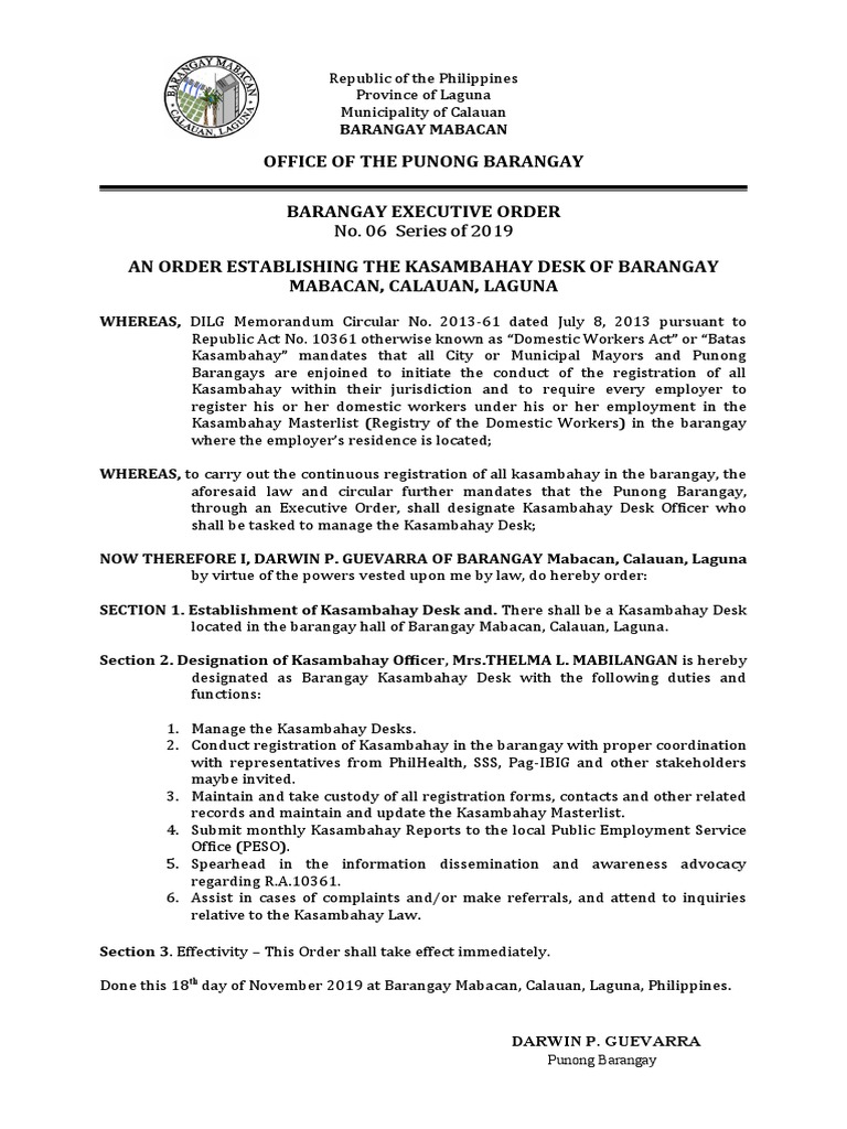EO Kasambahay | PDF | Government | Philippines