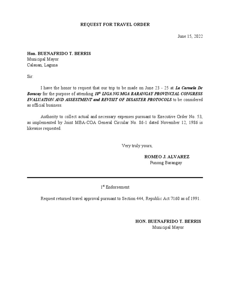 Request For Travel Order Boracay | PDF