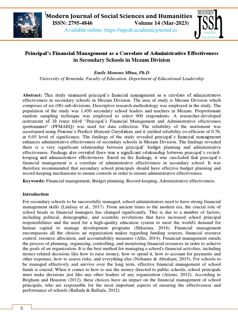 Principal's Financial Management As A Correlate of Administrative Effectiveness in Secondary ...