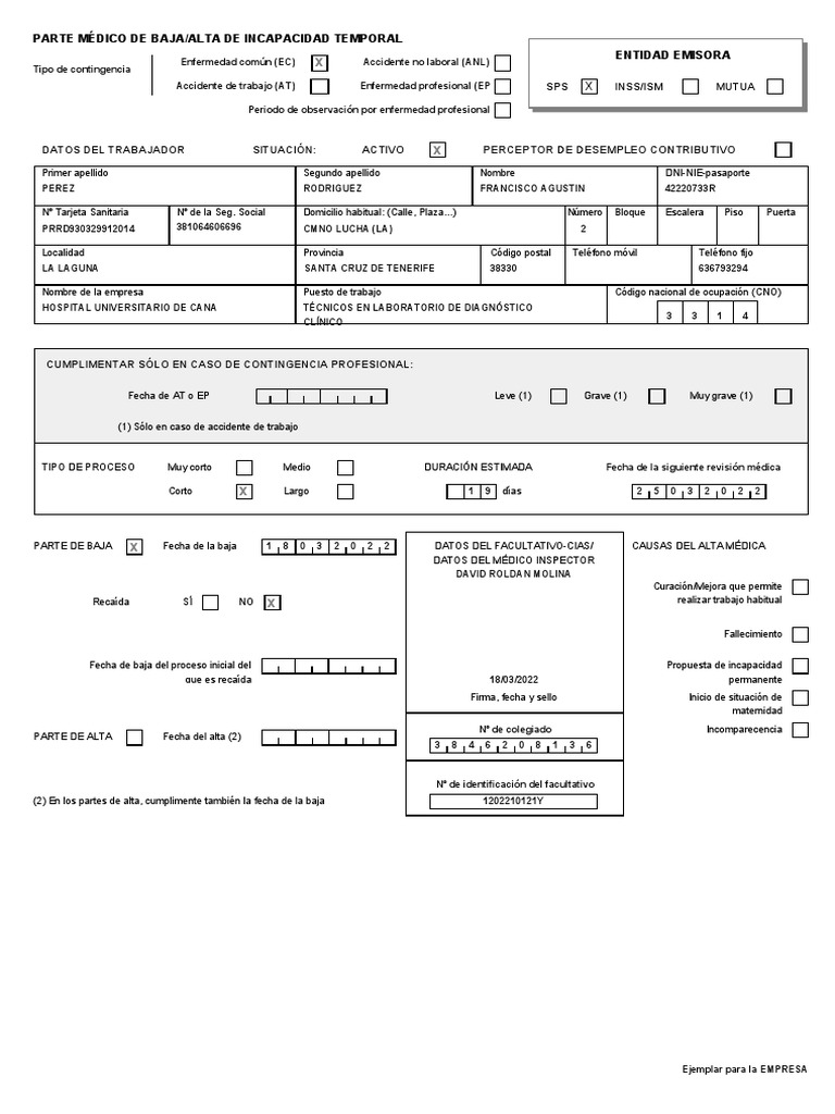 Parte Médico de Baja/Alta de Incapacidad Temporal Entidad Emisora | PDF
