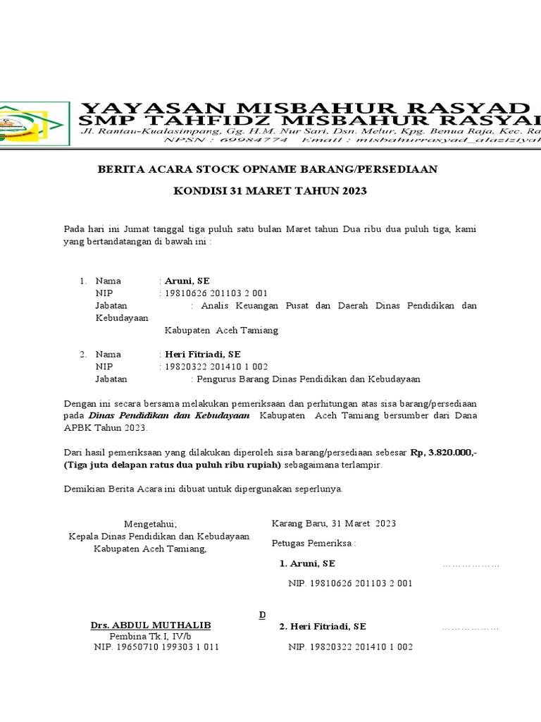 Stock Opname Barang Aceh Tamiang 2023 | PDF | Ilmu Sosial