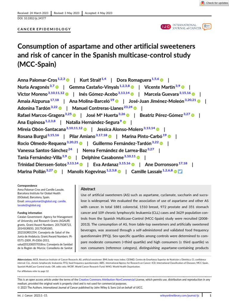 Intl Journal of Cancer - 2023 - Palomar Cros - Consumption of Aspartame ... Intl Journal of Cancer - 2023 - Palomar Cros - Consumption of Aspartame ...