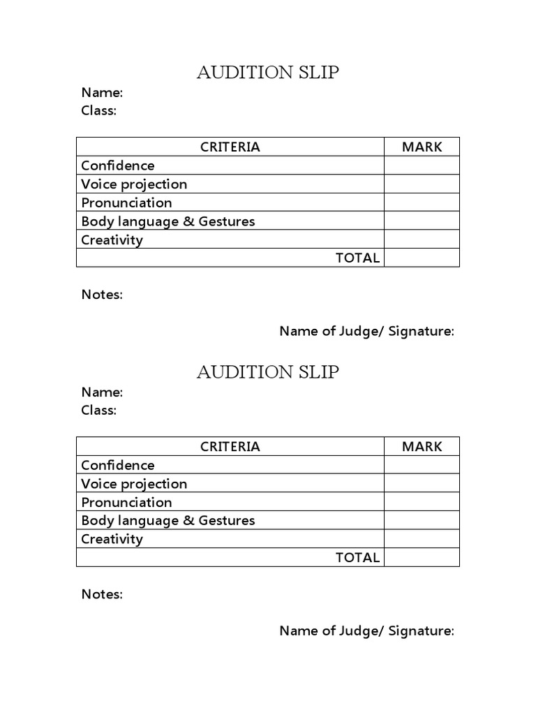Audition Score Sheet Template | PDF | Games & Activities