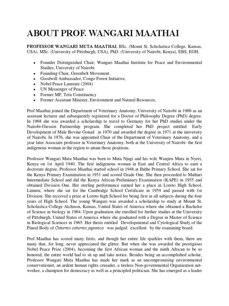 Professor Wangari Muta Maathai Biography | PDF | Natural Environment