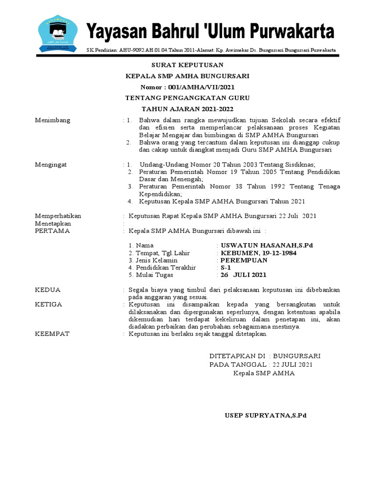 Fix SK Pengangkatan Wk-Ops-Ben-Wali Kelas-Guru SMP Amha | PDF