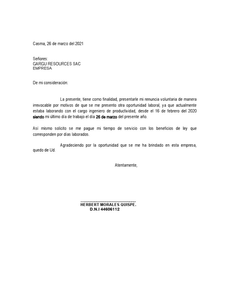 Carta de Renuncia MODELO | PDF