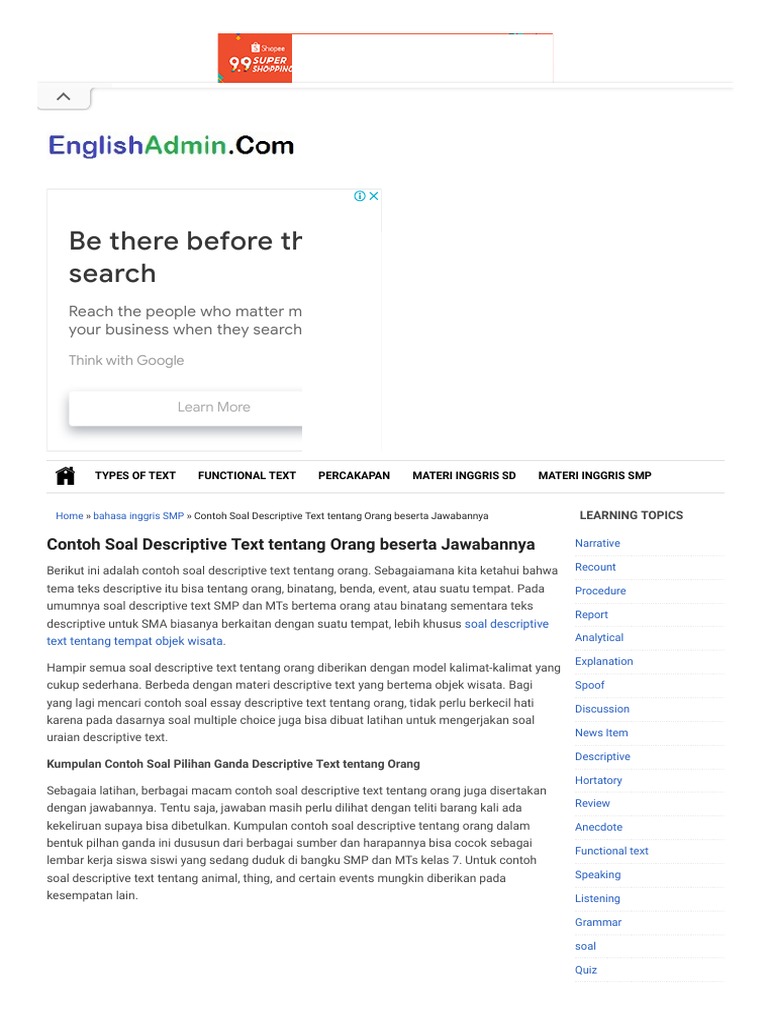 Contoh Soal Descriptive Text Kelas 10 | PDF
