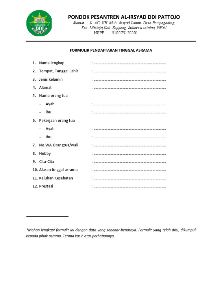 Formulir Pendaftaran Masuk Asrama | PDF