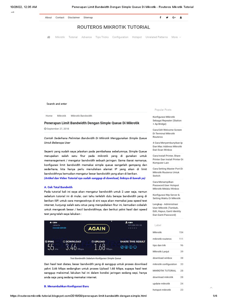 Penerapan Limit Bandwidth Dengan Simple Queue Di Mikrotik - Routeros Mikrotik Tutorial | PDF