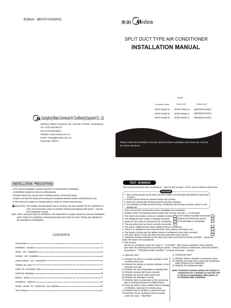 Installation Manual For 20HP Ductable Unit | PDF | Duct (Flow) | Air ...