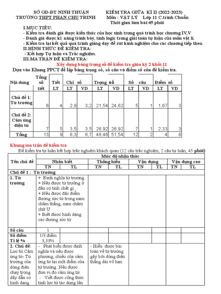 Ly - PCT - K 11 - Ktra Giua Ki II 2022-2023 | PDF