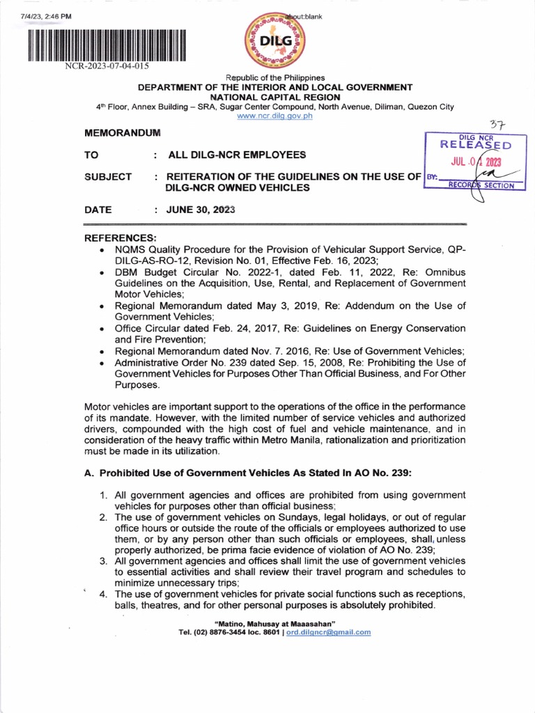 Memorandum - Reiteration of The Guidelines On The Use of DILG-NCR Owned ...