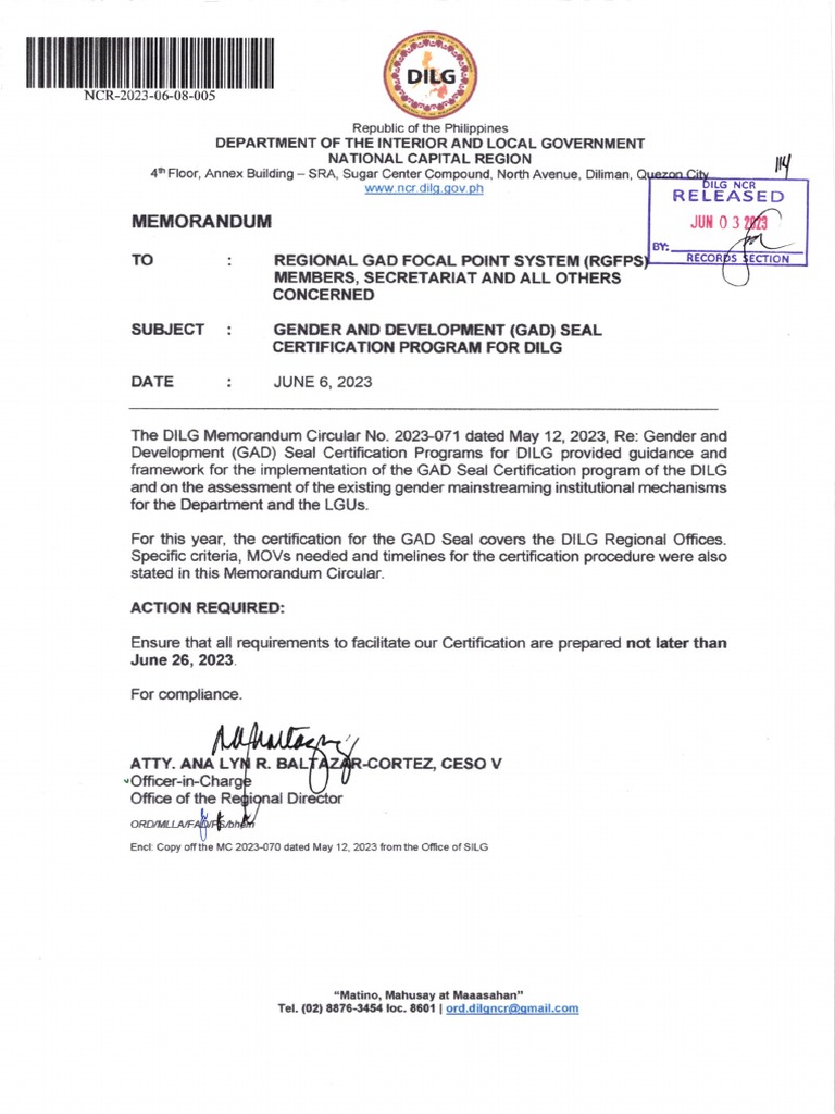 Memoransdum - DILG Memo Cir # 2023 - 070 - GAD Seal Certification ...