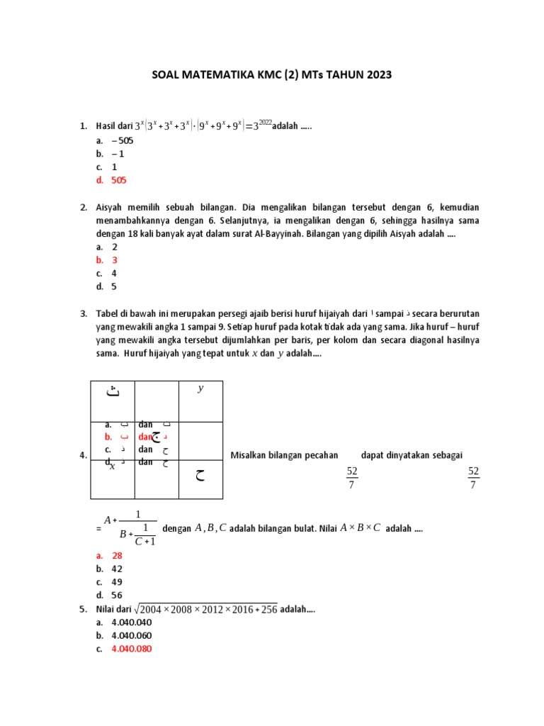 Soal KMC 2 Tahun 2023 MTS | PDF