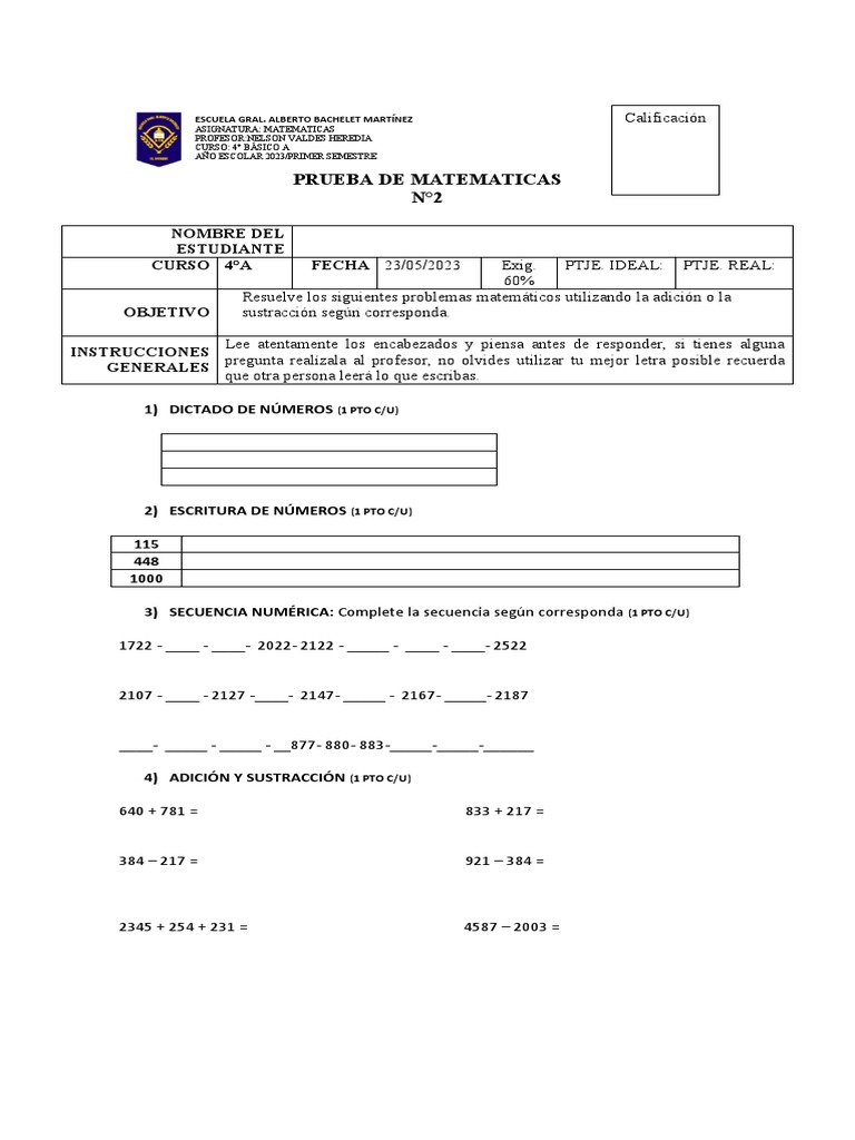 Prueba Matemáticas 4° Básico A | PDF