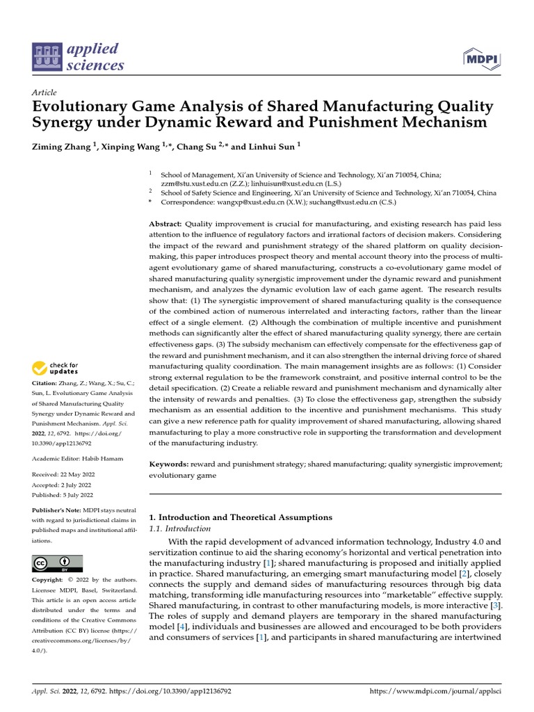 Evolutionary Game Analysis of Shared Manufacturing Quality Synergy Under Dynamic Reward and ...
