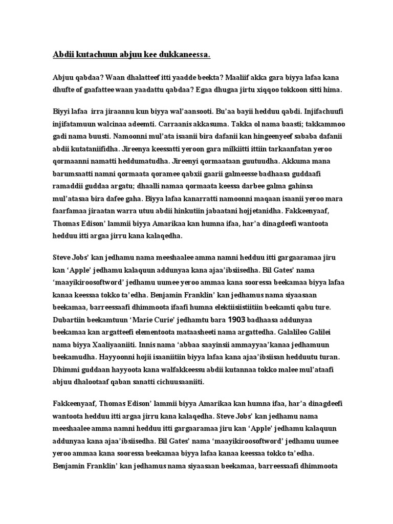 Abdii Kutachuun Abjuu Kee Dukkaneessa | PDF