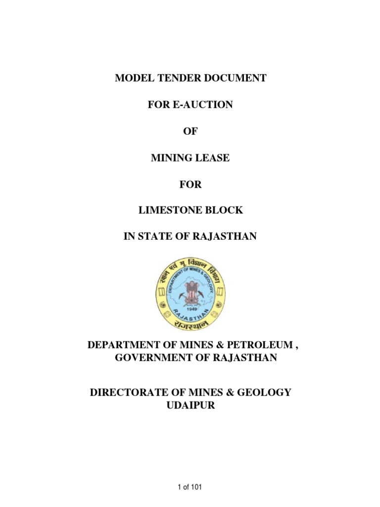 Rajasthan Model Tender Document For GRANT OF MINING LEASE FOR LIME STONE | PDF