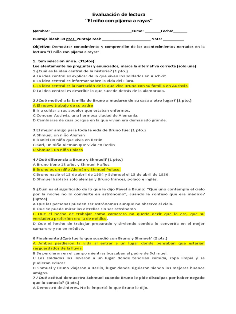 Evaluación El Niño Con Pijama A Rayas | PDF
