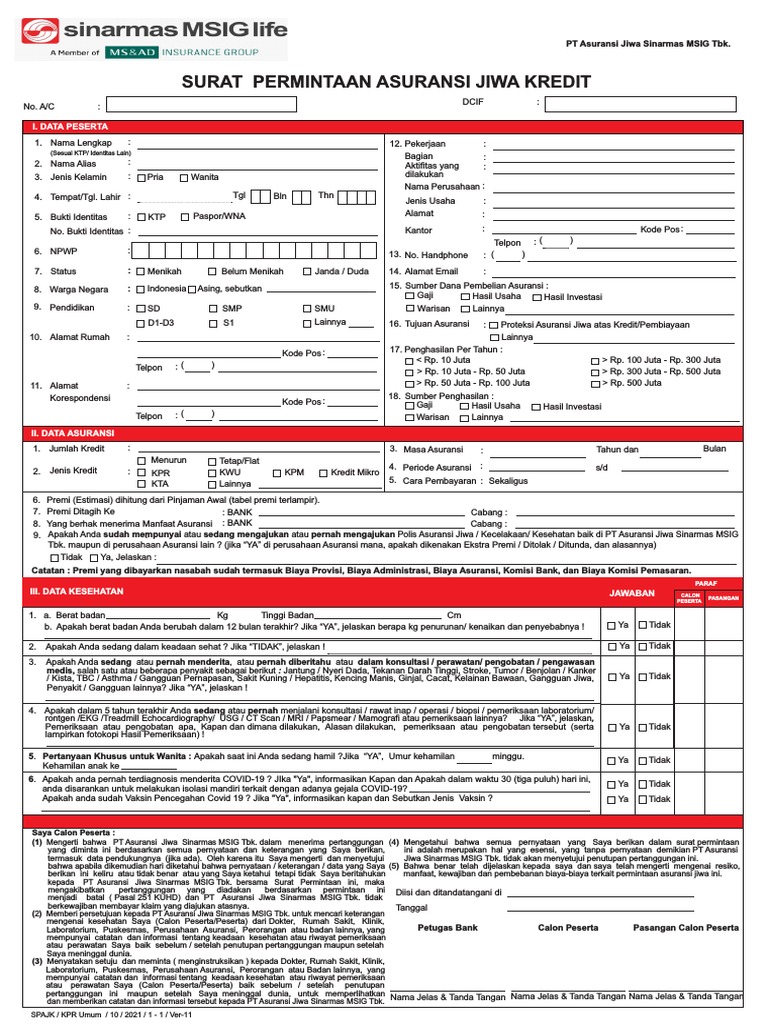 Form Asuransi Jiwa Kredit New 2023 | PDF