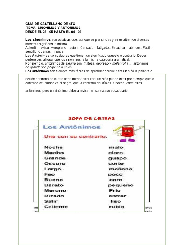 GUIA DE CASTELLANO DE 4TO Sinonimos y Antonimos 2° Periodo | PDF