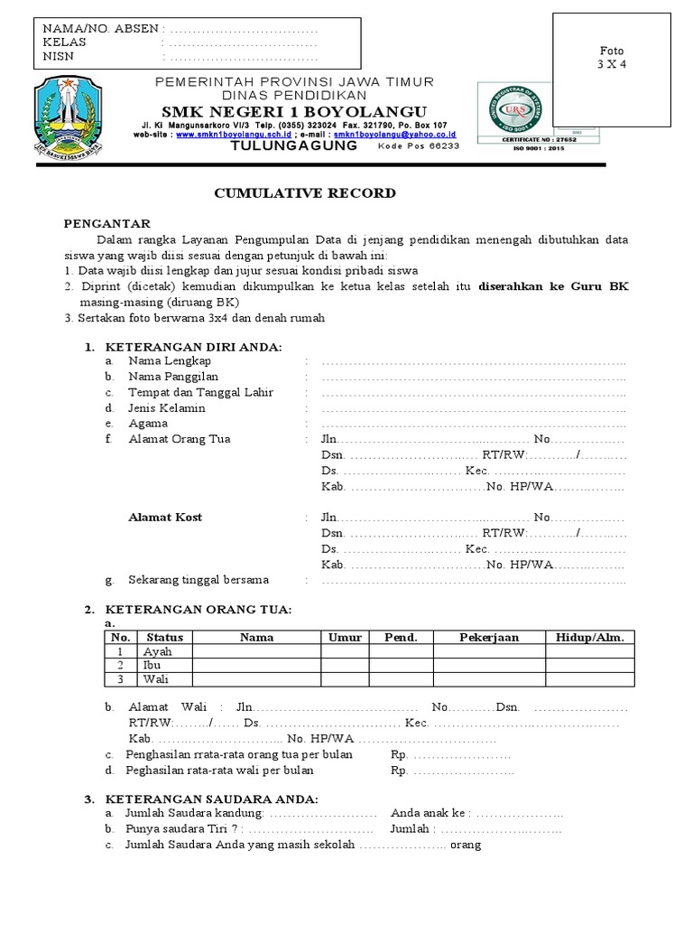 Contoh Cumulative Record Siswa | PDF