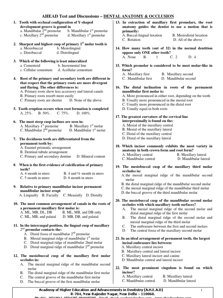 1 March 2009 Dental Anatomy Test | PDF | Dental Anatomy | Tooth