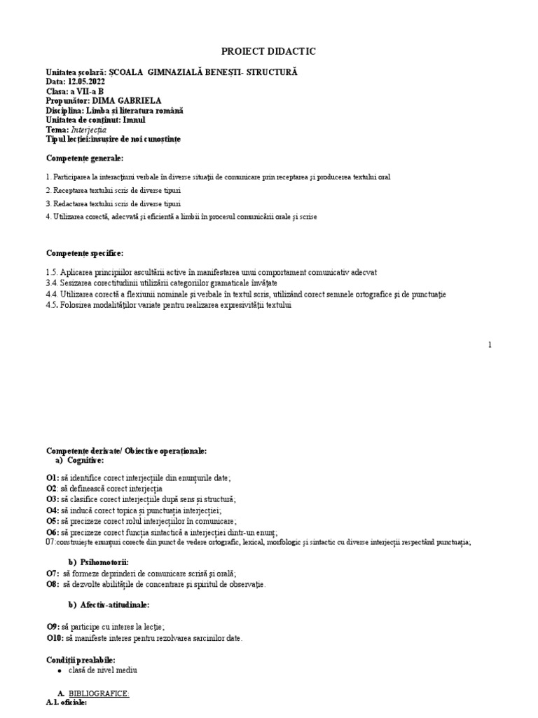 Proiect Didactic Clasa A VII-a | PDF