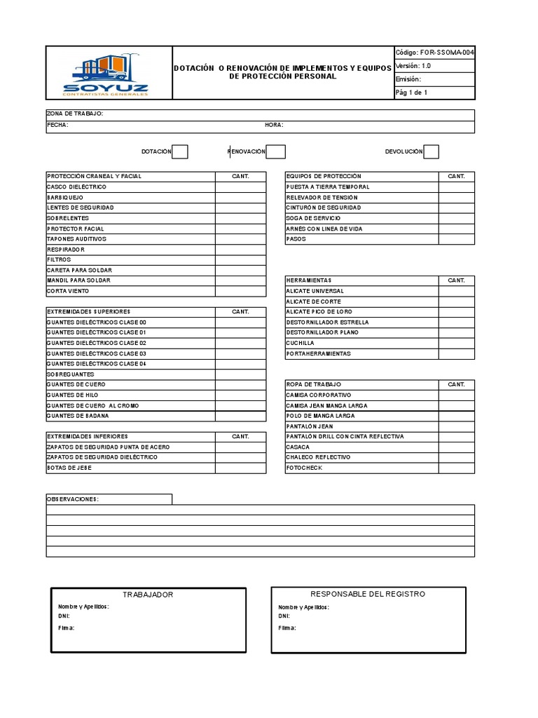 for-SSOMA-004 Registro de Dotación o Renovación de EPP | PDF | Ropa