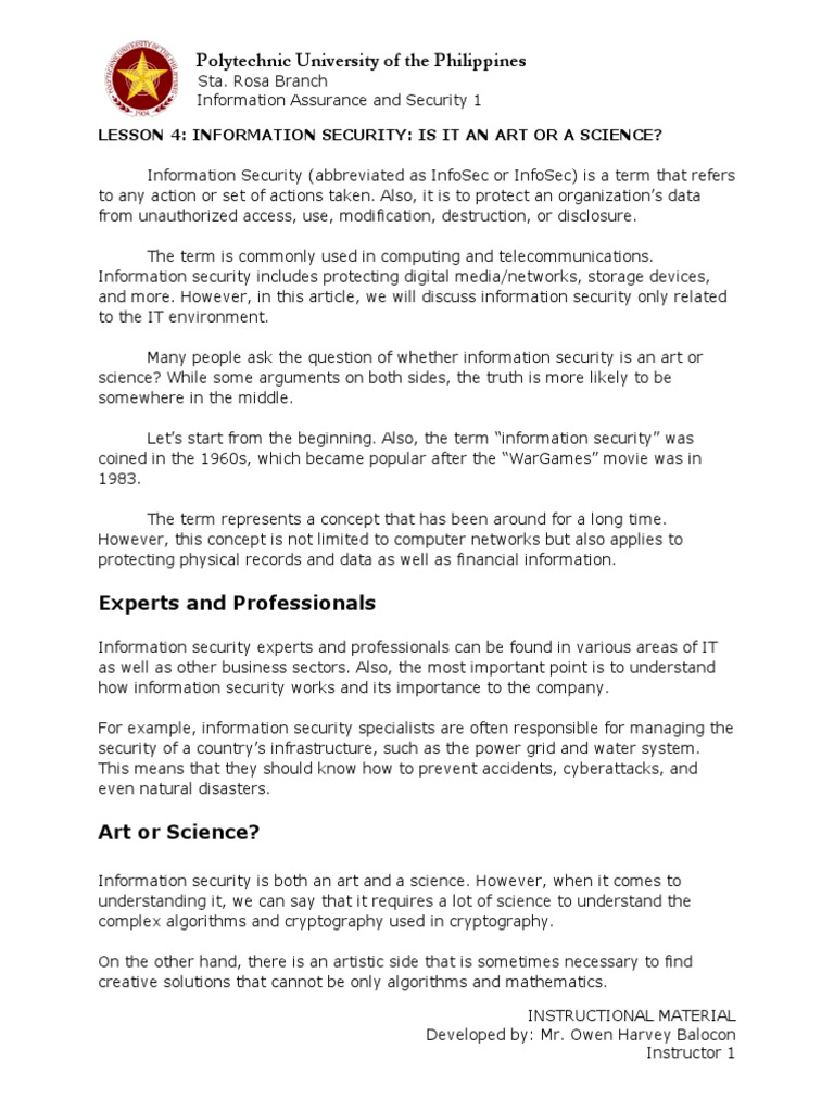 IAS Lesson 4. Information Security Is It An Art or A Science | PDF ...