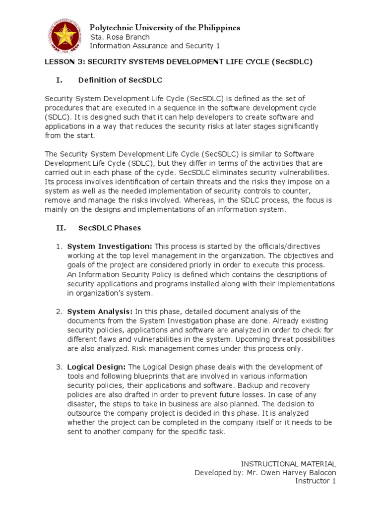 IAS Lesson 3. Security Systems Development Life Cycle | PDF | Computer ...